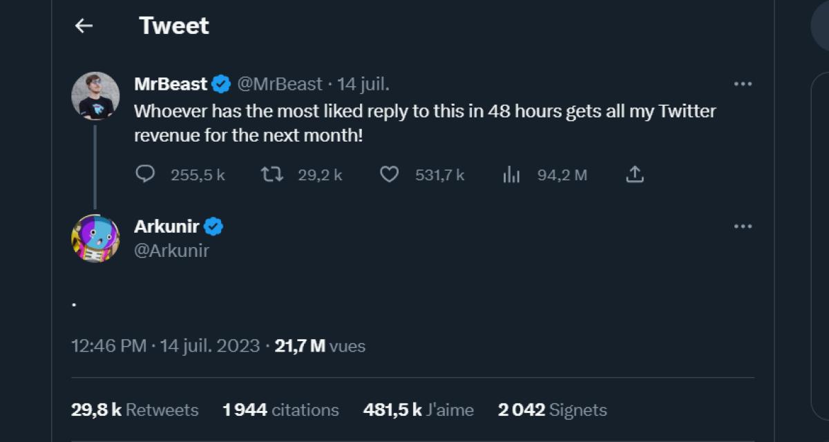 Avec un ".", Arkunir remporte le défi de MrBeast sur Twitter